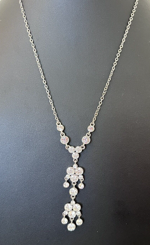 Inset Rhinestones Y Drop Silvertone Necklace w/2 sparkly clusters | eBay