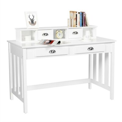 Yaheetech Modern Wood Computer Writing Desk with 4 Drawers, White ...