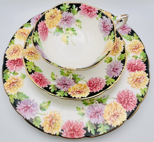 Vintage Paragon England Mums Floral Black Cup Saucer & 8” Plate Trio ...
