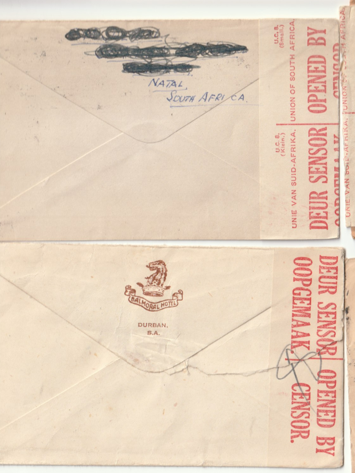 South Africa WW II Censored covers. Durban (2). One is postage due 4 ...