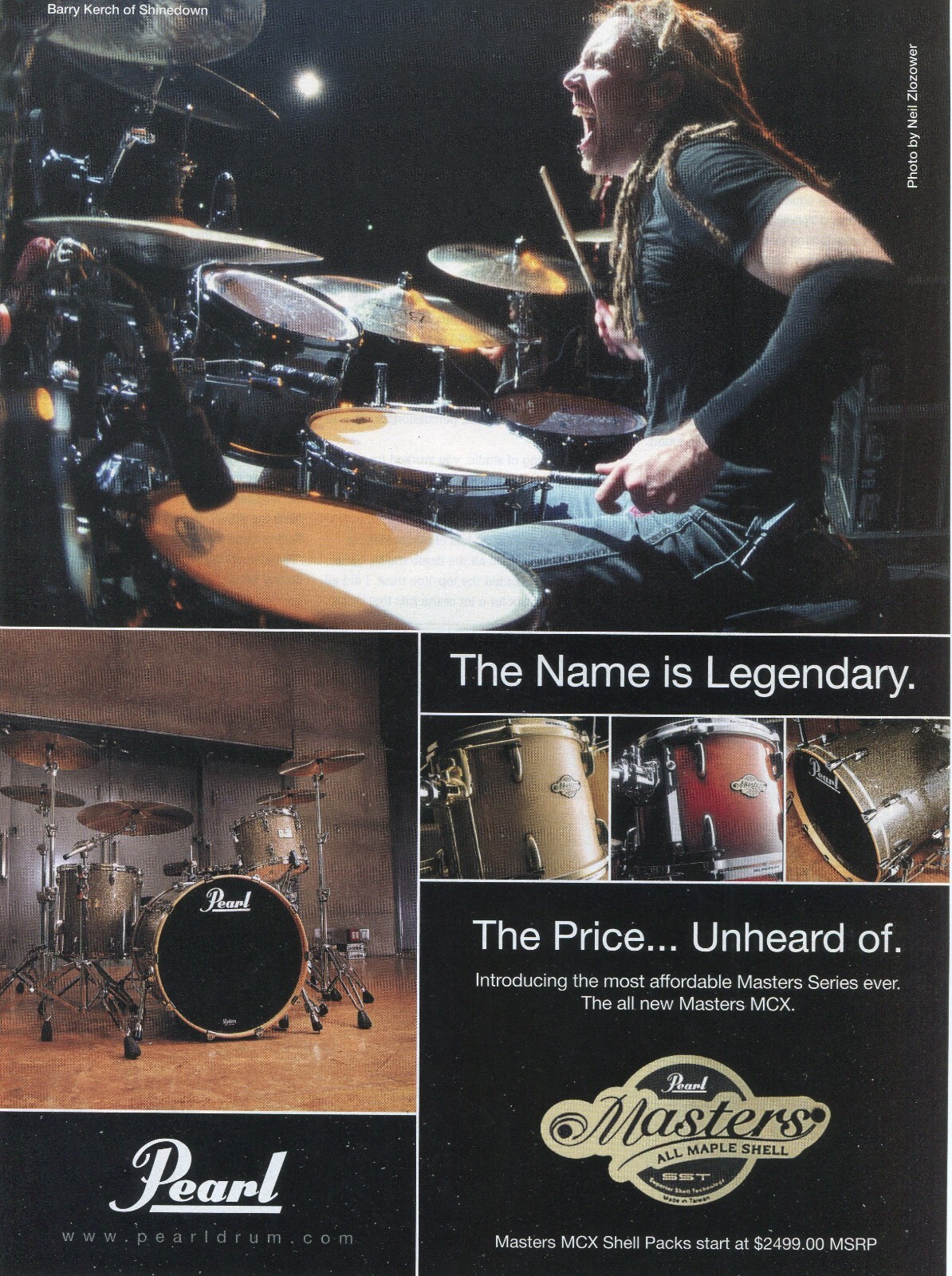 2008 Print Ad of Pearl Masters MCX Drum Kit w Barry Kerch of Shinedown ...