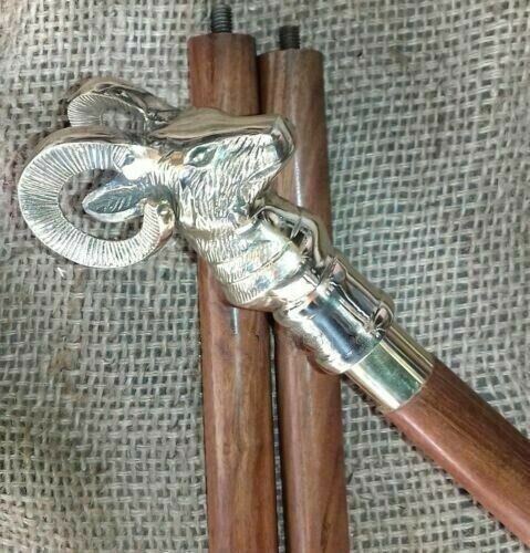 Antique Victorian Style Brass Goat Head Handle Walking Stick with ...