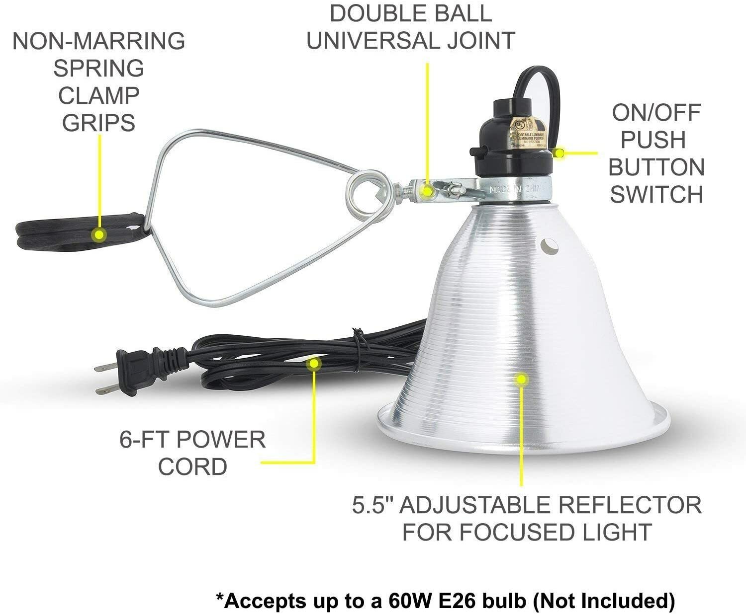 Clamp Lamp Light with 5.5 inch Aluminum Reflector 60 Watt for Indoor ...