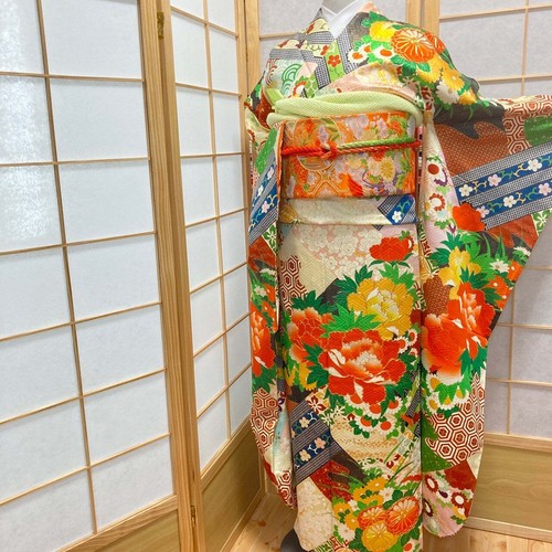 9341# Japanese Vintage Furisode Kimono Obi Obijime Obiage 4-Piece Set ...