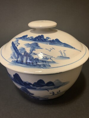 Vintage Chinese Rice Pot With Lid Hand Painted White and Blue | eBay