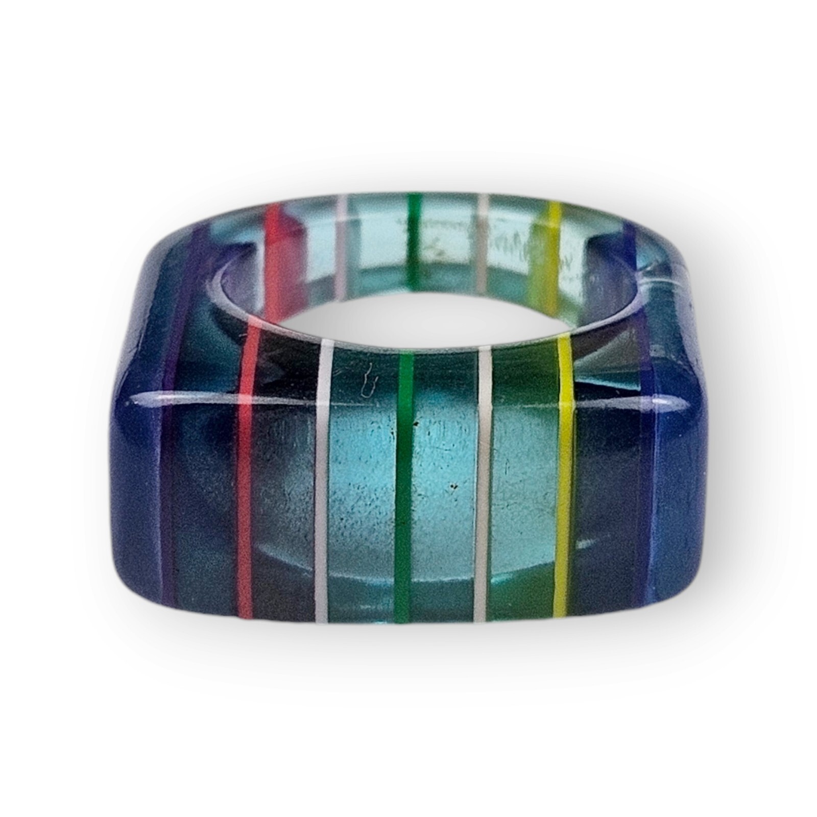 Vintage Laminated Lucite Ring Striped Blue Multicolor… - Gem