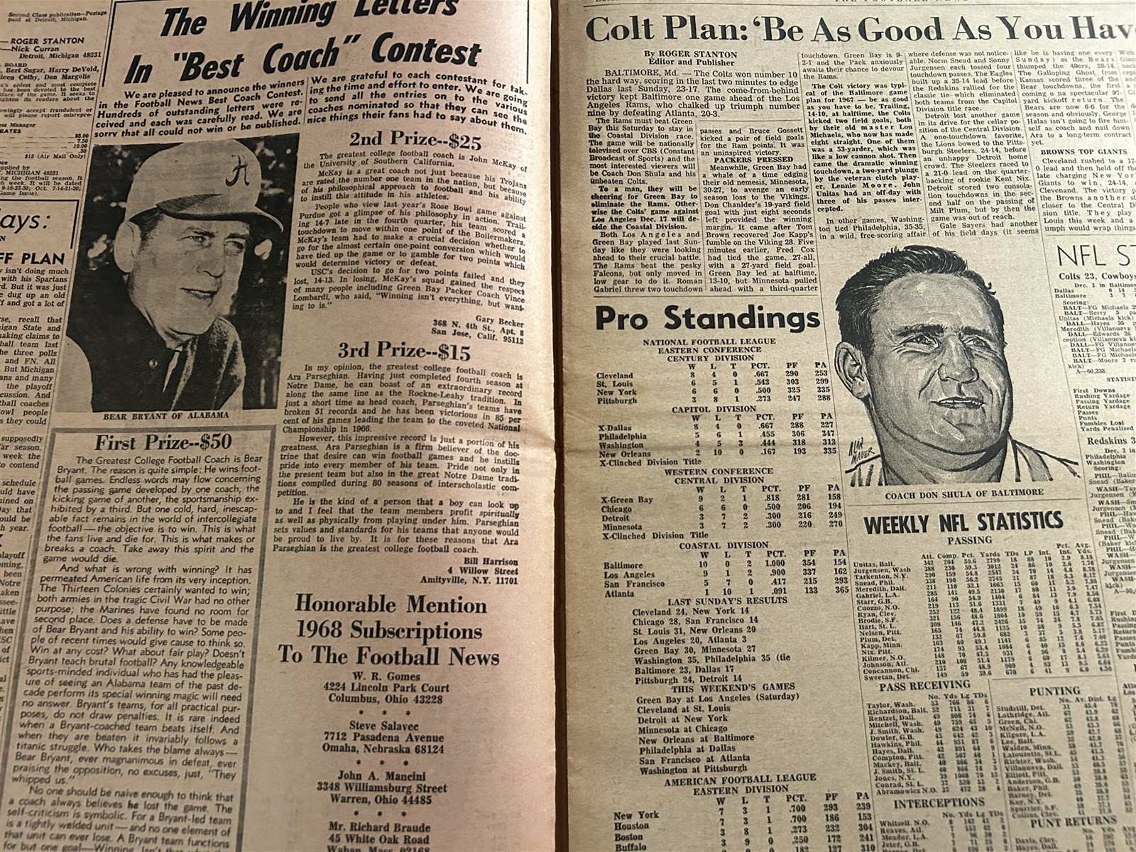 1967 Football News AFL NFL BALTIMORE Colts JOHNNY UNITAS Undefeated 10 ...