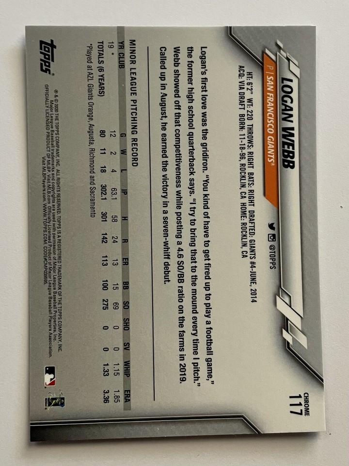 Logan Webb 2020 Topps Chrome Rookie Card RC #117 San Francisco Giants ...