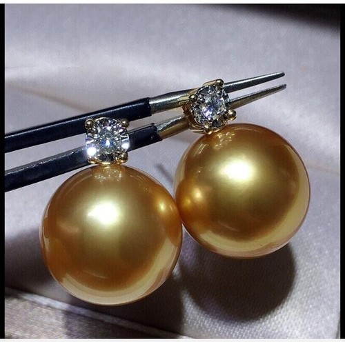 Gorgeous AAAA12-13mm natural Golden south sea Round pearl earrings 18k gold | eBay