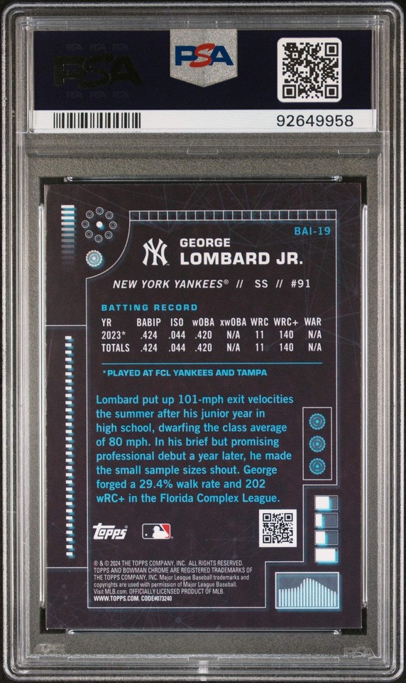 Graded 2024 Topps Bowman George Lombard Jr #BAI19 AI Rookie Baseball ...