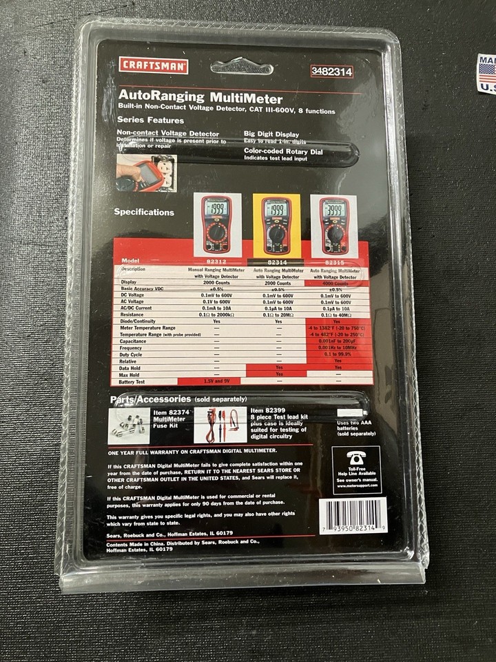 NOS Craftsman Auto Ranging 8 Function Digital Multimeter 3482314 CAT ...