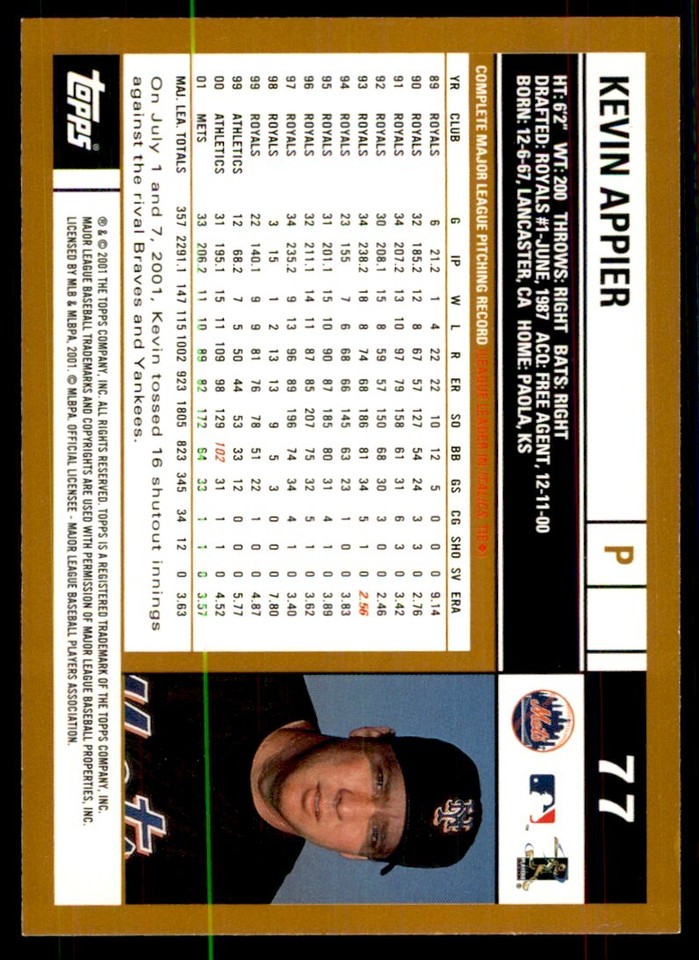 2002 Topps Baseball Card Kevin Appier C Baseball Cards #77 | eBay