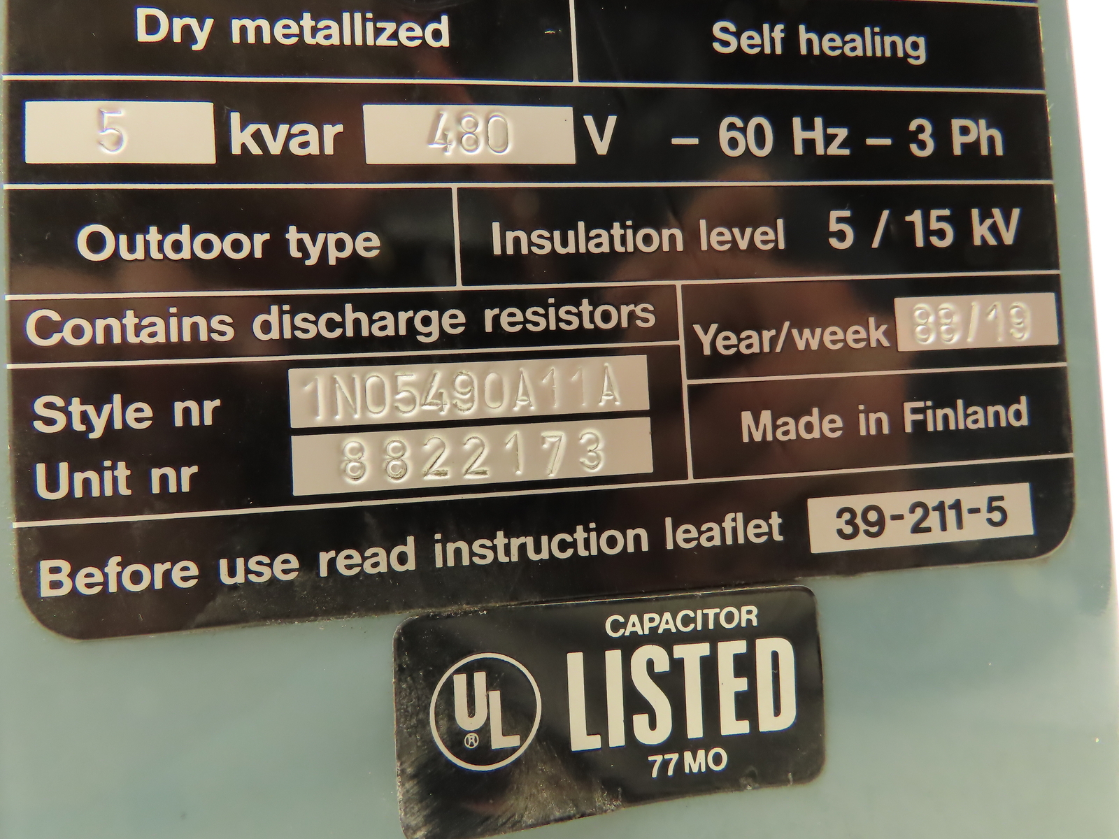 Westinghouse 1N05490A11A Dri-Var Enclosed Power Capacitor 5 KVAR 480V ...