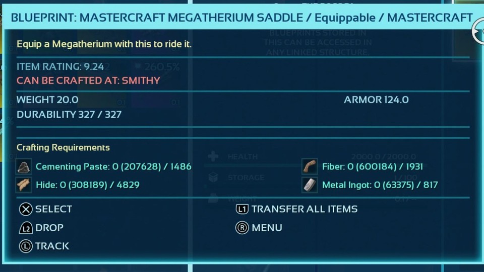 BLUEPRINT MASTERCRAFT MEGATHERIUM SADDLE 124% ARK ASCENDED PVE PC/XBOX ...