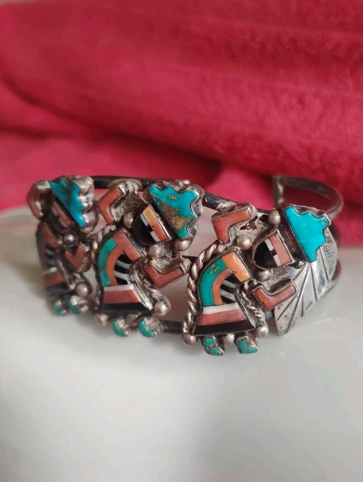 Vtg Zuni w/Inlaid Stones Sterling Silver Triple Rainbow Man Cuff ...