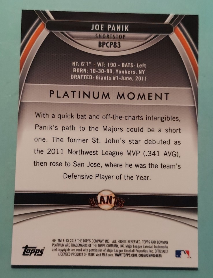 2013 Bowman Platinum JOE PANIK #BPCP83 Rookie RC XFRACTOR San Francisco ...