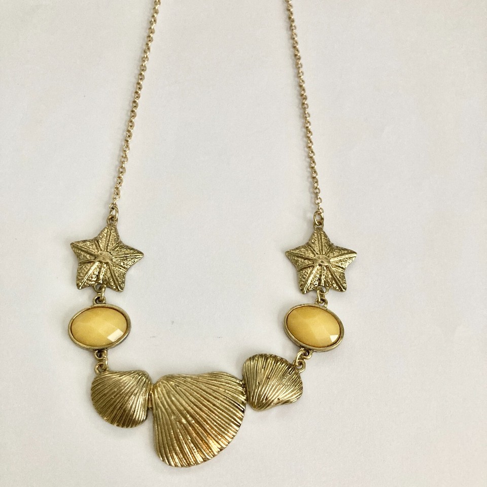 Gold Sea Shell Starfish Bib Necklace Plated Sea Life Island Nautical ...