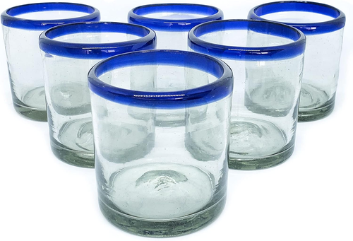 Cobalt Blue Rim 8 Oz DOF Rock Glasses (Set of 6), Recycled Glass, Lead ...