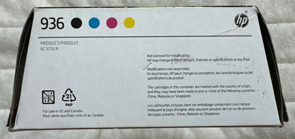 HP 936 Black Cyan Magenta Yellow Ink Cartridges 6C3Z5LN Exp 12/2026 ...