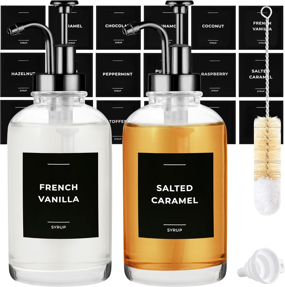 Coffee Syrup Dispenser with Pump - Includes 24 Flavor Labels - Glass ...