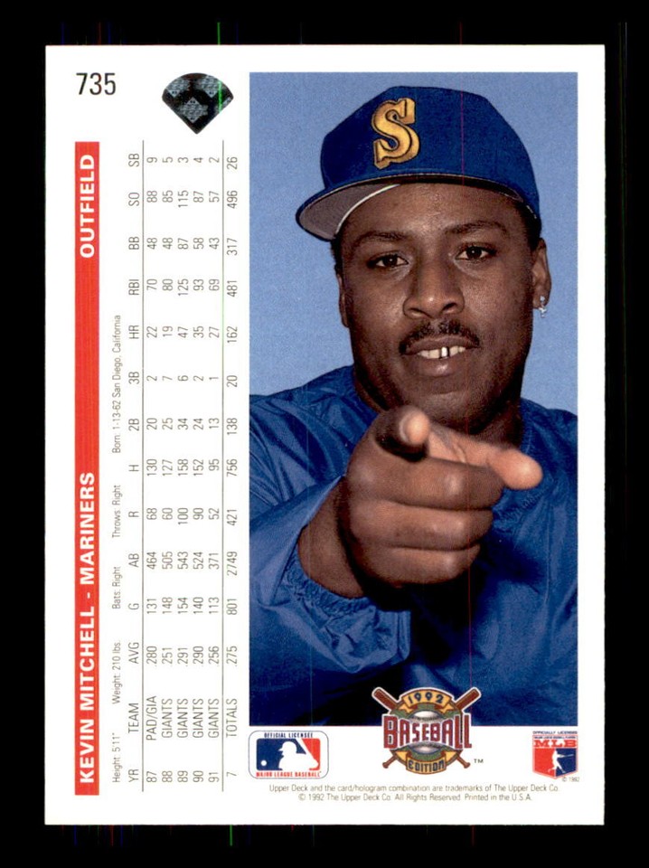 1992 BASEBALL 1992 Upper Deck Kevin Mitchell Seattle Mariners #735 1 | eBay