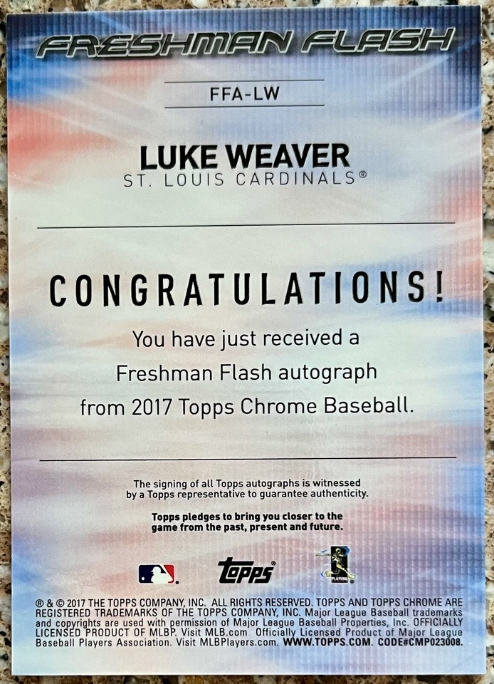 2017 Topps Chrome LUKE WEAVER RC Autograph FF Red Refractor 5/5 #FFA-LW ...