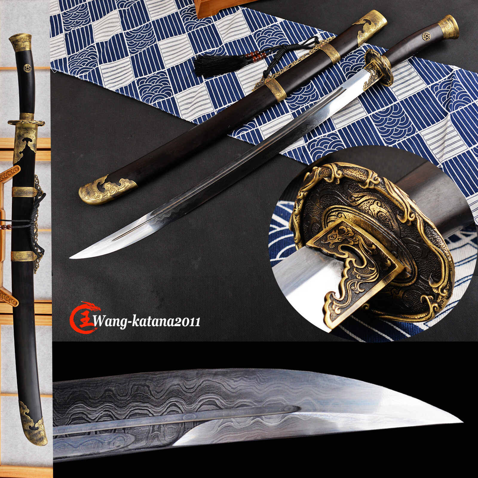 Chinese Qing Dynasty Oxtail Dao Ebony Damascus Folded Steel Handmade ...