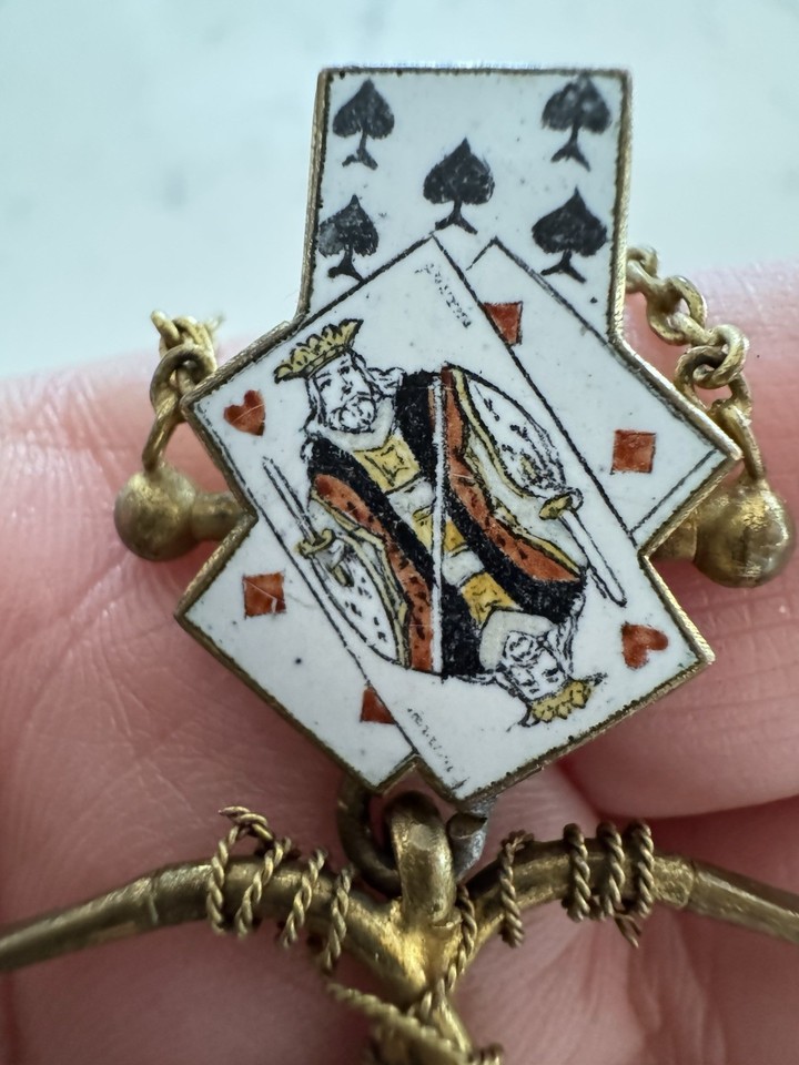ANTIQUE VICTORIAN FIGURAL CHATELAINE GAMBLING FIGURE ENAMEL PLAYING ...