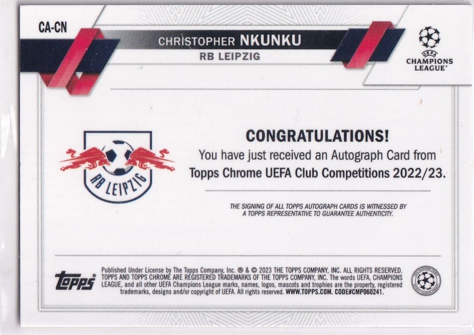 Topps Chrome Champions League 2022/23 No CA-CN Christopher Nkunku Auto ...