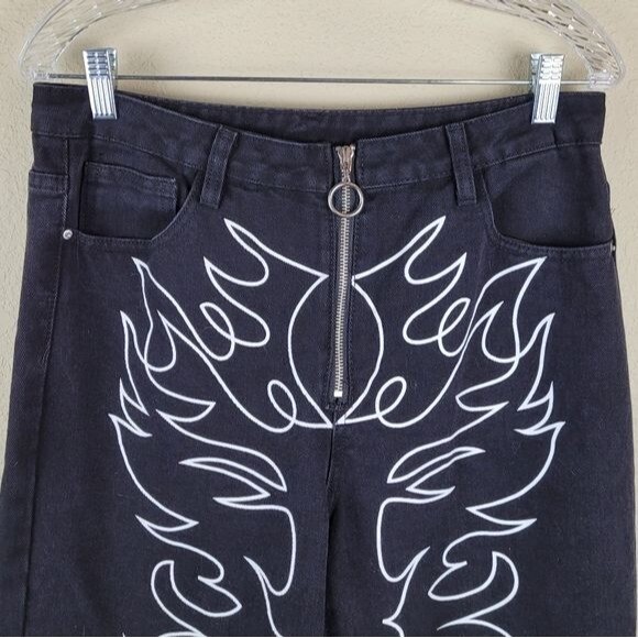 Shein Jeans Womens L Zip Fly Black/White Fire Print Stretch Grunge Moto ...