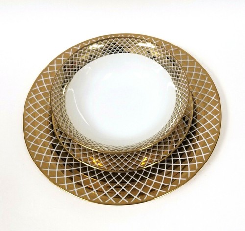 LUXE SET OF 4 PORCELAIN METALLIC GOLD DIAMOND PATTERN DINNER,SALAD ...