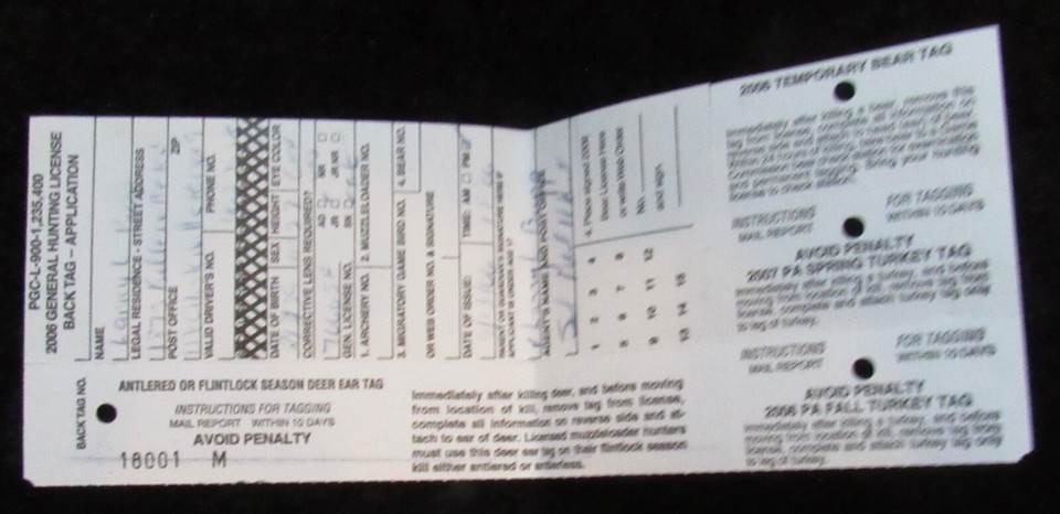 2006 Pennsylvania SENIOR Lifetime Resident Hunting License - Back Tag ...