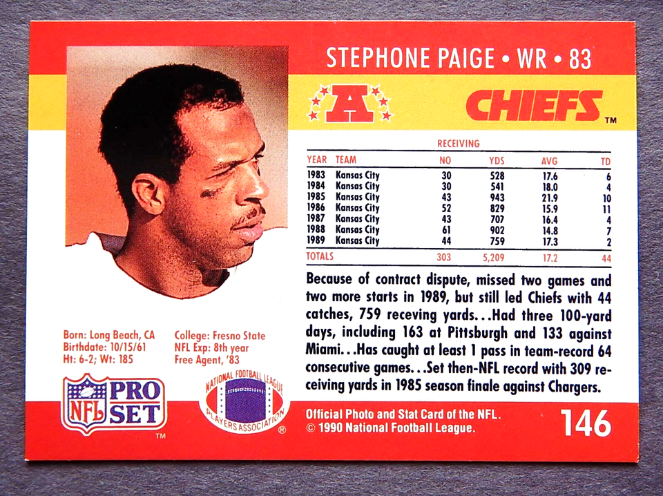Stephone Paige #146 Pro Set 1990 Football Card (Kansas City Chiefs) E ...