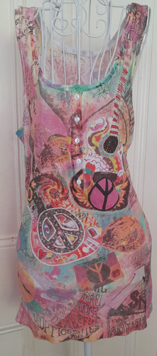 STATUS MODA "HIPPY" PRINT SINGLET TOP LONGER LENGTH BEADED GUITAR PEACE ...