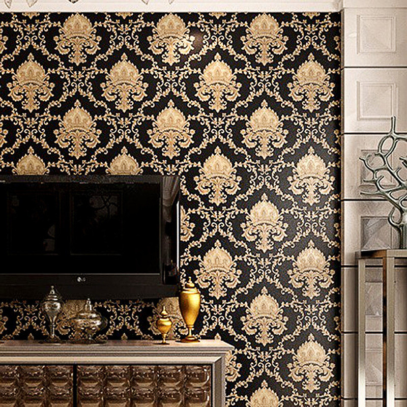 10m Black Gold Wallpaper Embossed Texture Metallic 3D Damask PVC Wall ...