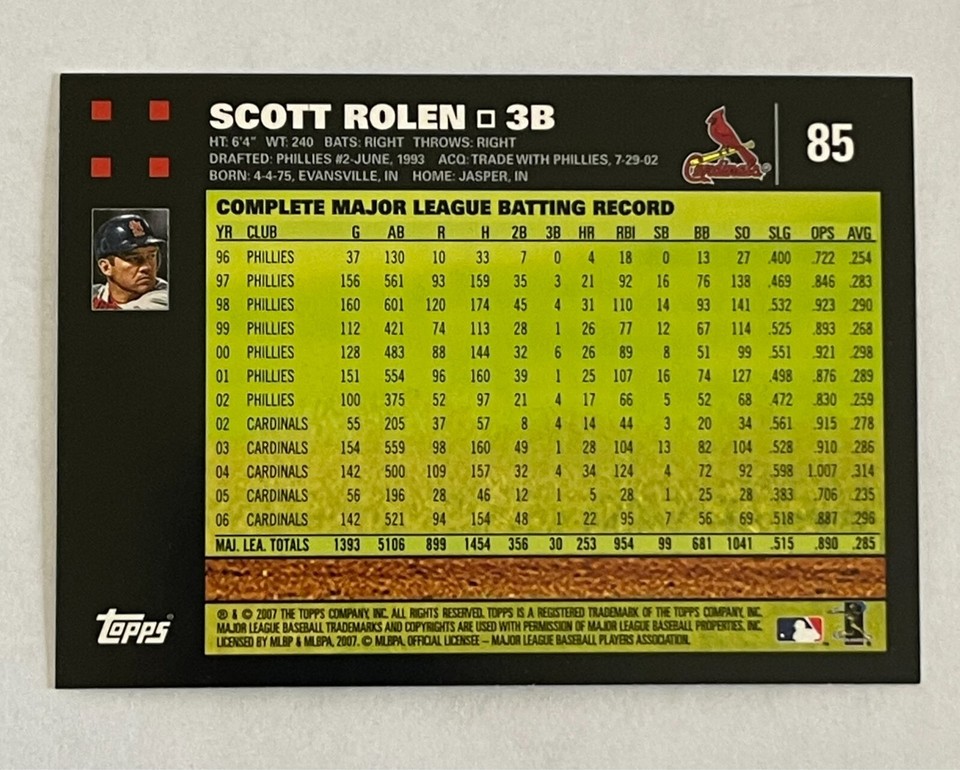 2007 TOPPS SCOTT ROLEN #85 3B ST. LOUIS CARDINALS BASEBALL CARD | eBay
