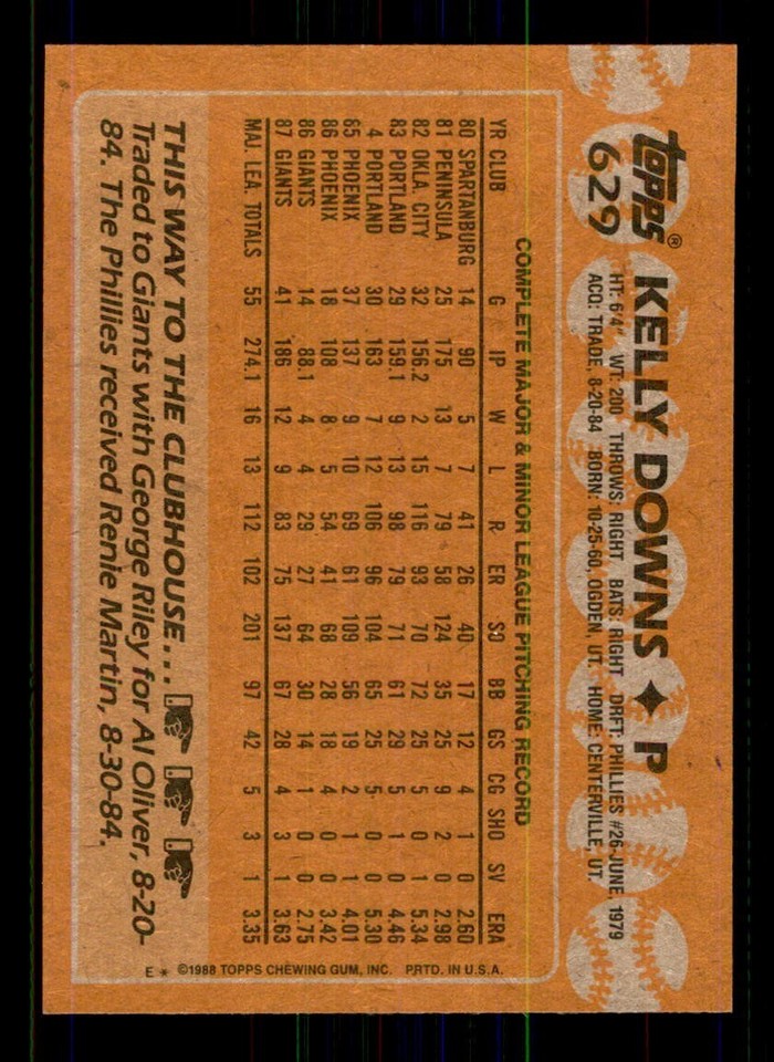 1988 Topps Baseball #629 Kelly Downs NM or Better *aa1 | eBay