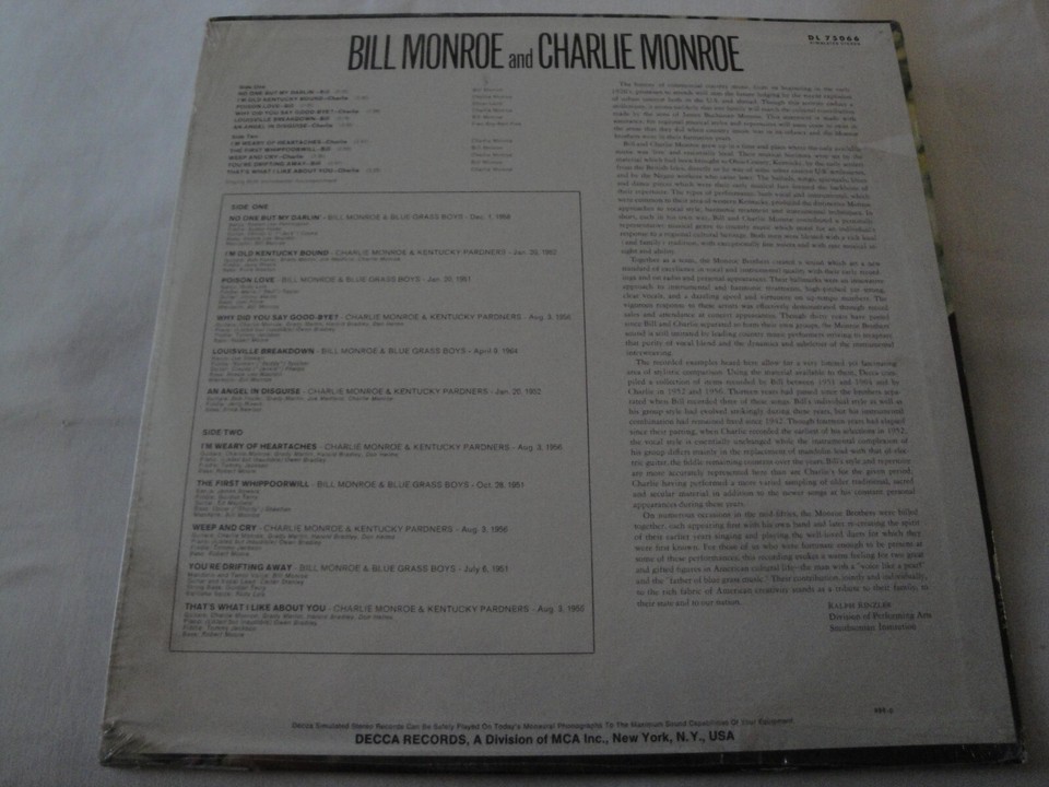 BILL MONROE AND CHARLIE MONROE vinyl lp album NEW DECCA RECORDS | eBay