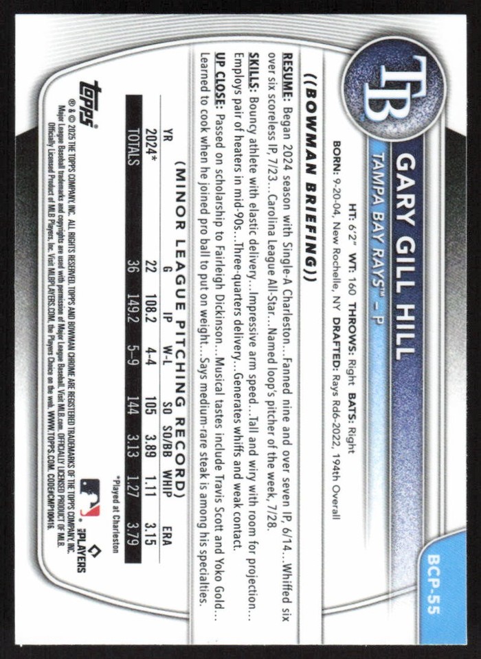 2025 Bowman #BCP-55 Gary Gill Hill Chrome Prospects Tampa Bay Rays 1st ...