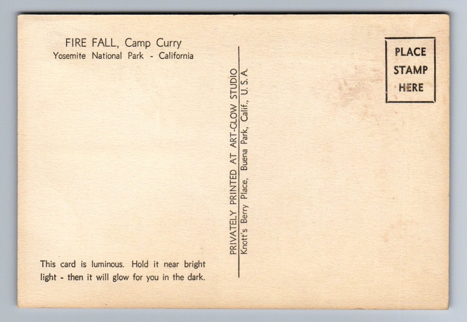 1950's GLOW IN THE DARK, NOVELTY, CAMP CURRY, FIRE FALL YOSEMITE, CA ...