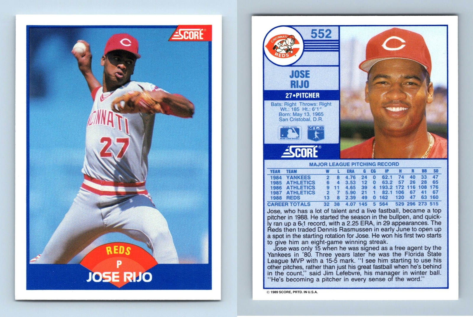 Jose Rijo - Reds #552 Score 1989 Baseball Trading Card | eBay