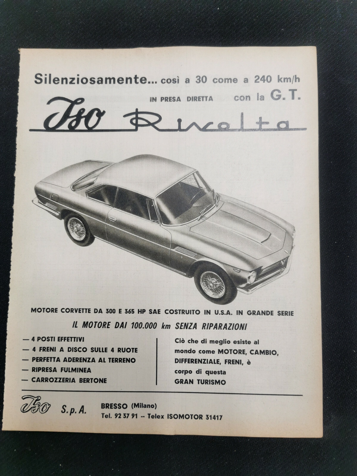 1964 ISO RIVOLTA Corvette engine rare italian original advert magazine ...