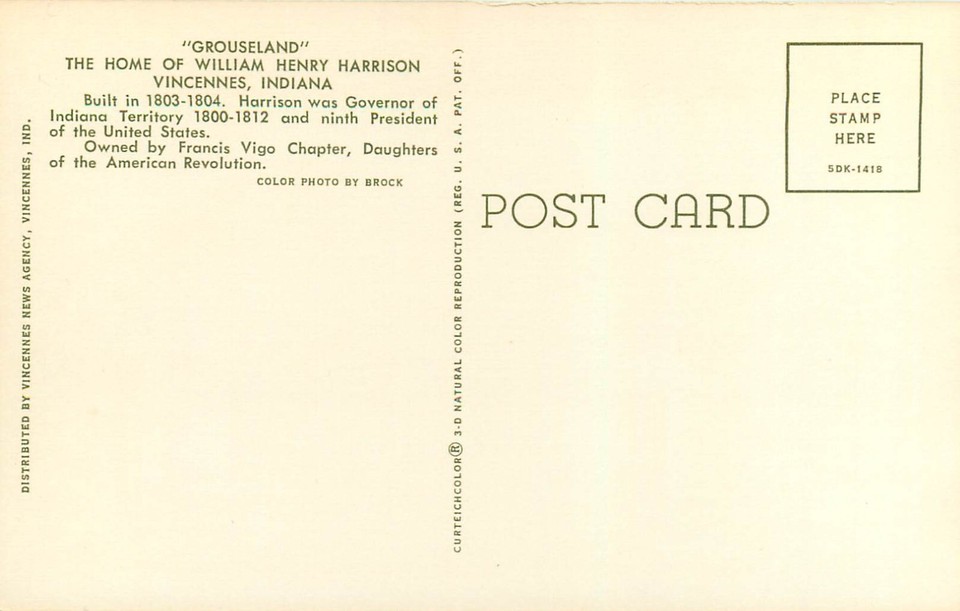 Grouseland William Henry Harrison Vincennes Indiana IN Postcard | eBay