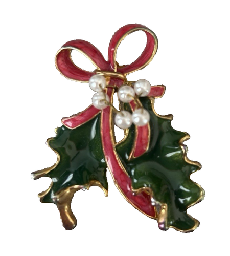 Vintage Unbranded 3” Goldtone & Enamel Holly Pin Brooch Faux Pearls | eBay