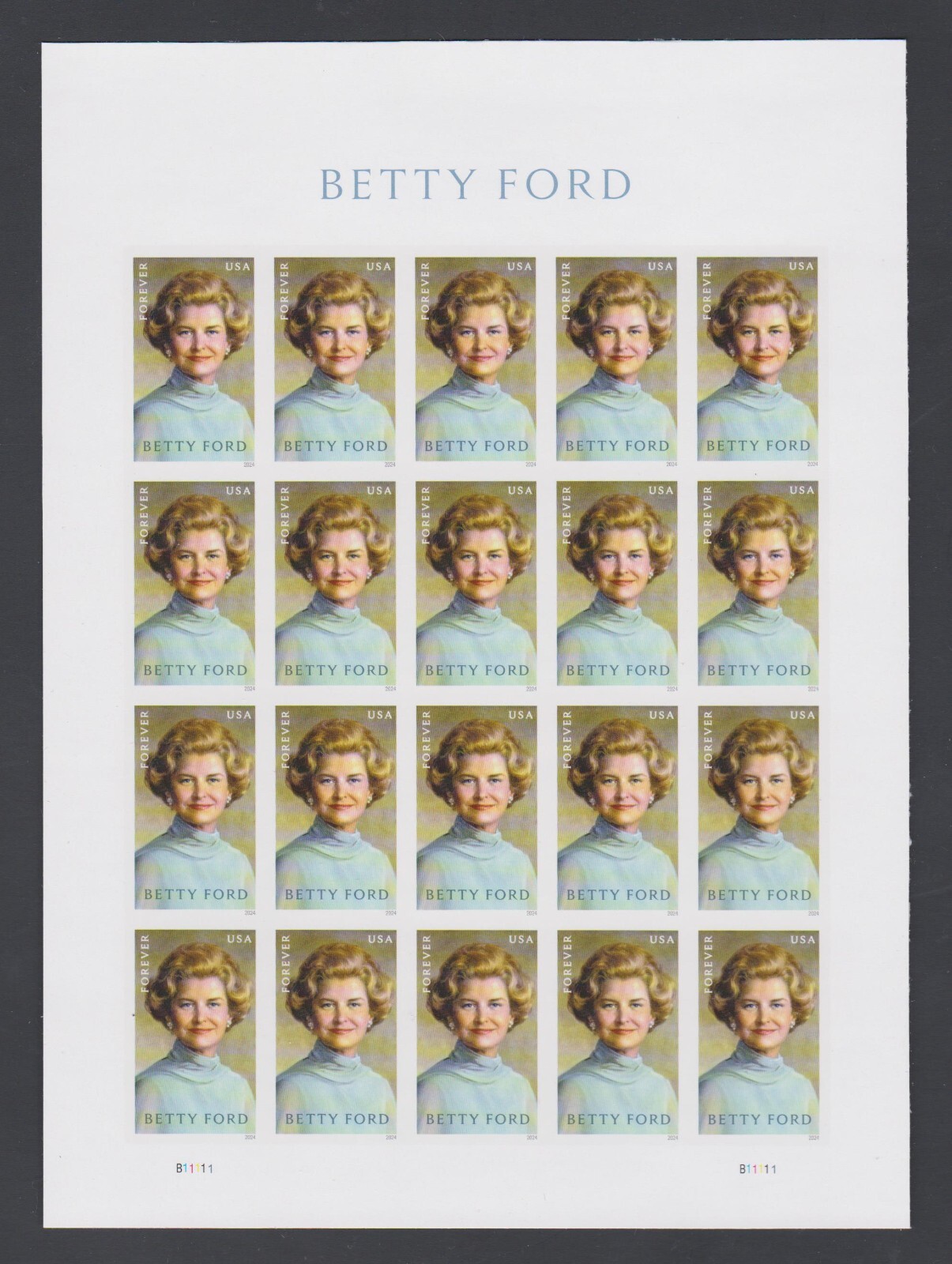 2024 US Imperf Betty Ford Forever Stamps Pane of 20 Scott 5852a No Die ...