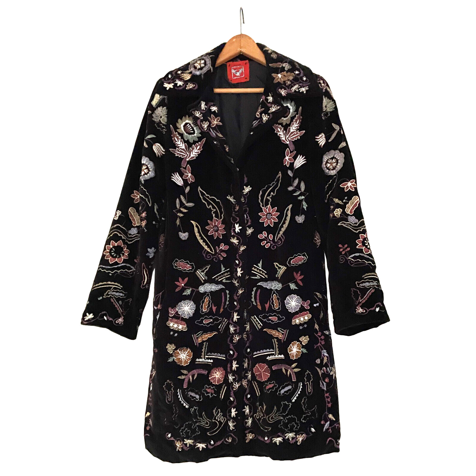 ASH & SARA Floral Embroidered Coat Black Velvet Women… - Gem