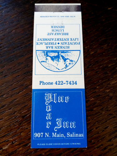 Vintage Matchbook: Blue Boar Inn, Salinas, CA | eBay