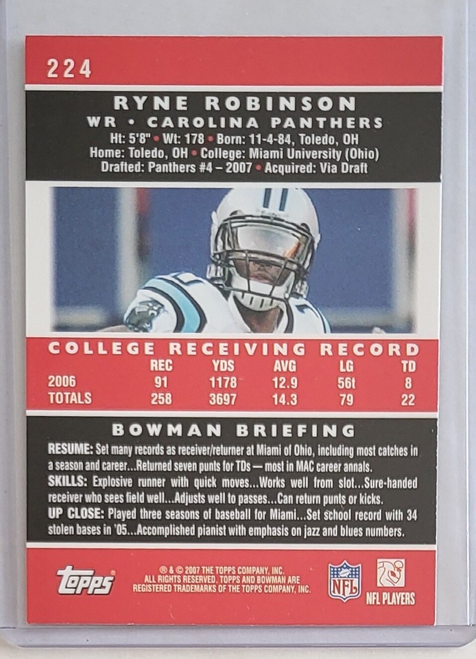2007 Bowman Rookie #224 Ryne Robinson Carolina Panthers Football Card ...