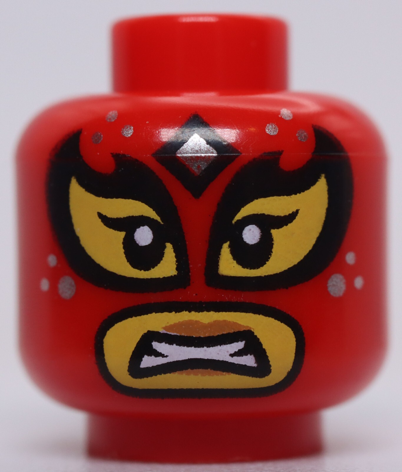 Lego Red Minifig Head Balaclava Yellow Eyes Black Outlines Silver Spots ...