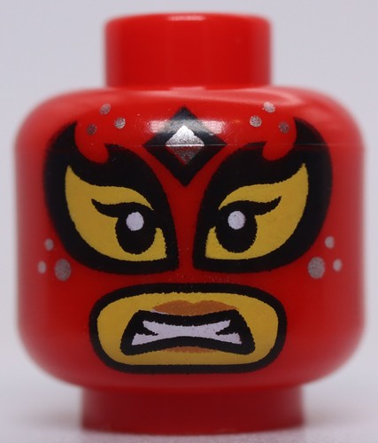 Lego Red Minifig Head Balaclava Yellow Eyes Black Outlines Silver Spots ...